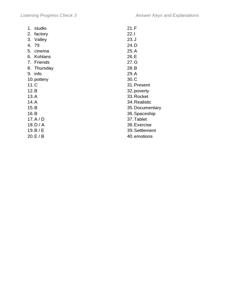 Listening Progress Check - Test 3 Answers | PDF