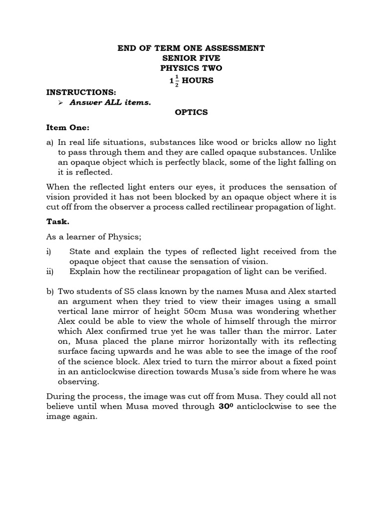 s5 Physics Optics and Electrostatics Ass | PDF | Mirror | Light