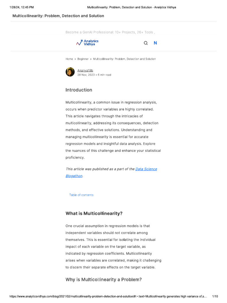 Multicollinearity VIF Analytics Vidhya | PDF