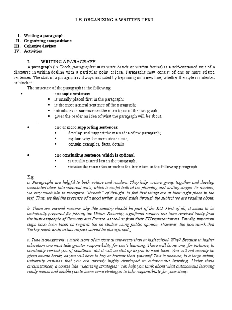 1.B. Organizing A Written Text | PDF | Paragraph | International Student