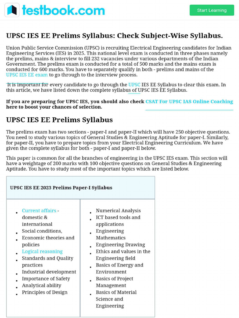 UPSC IES EE Prelims Syllabus - Check Subject-Wise Syllabus. | PDF