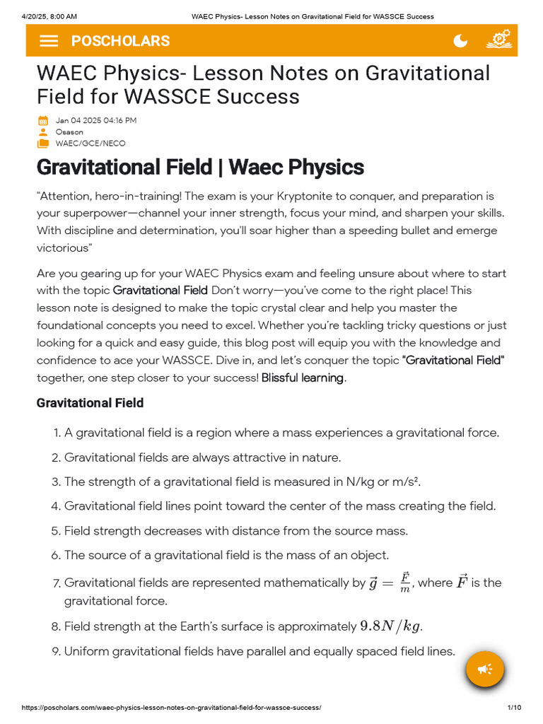 WAEC Physics - Lesson Notes On Gravitational Field For WASSCE Success ...