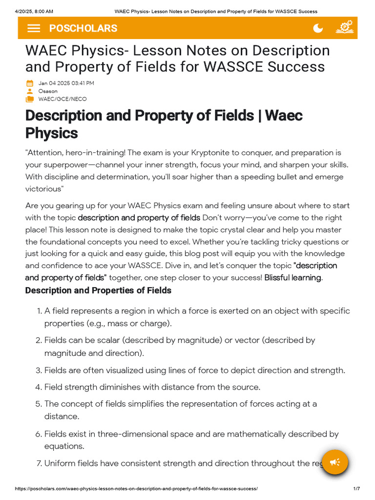 WAEC Physics - Lesson Notes On Description and Property of Fields For ...