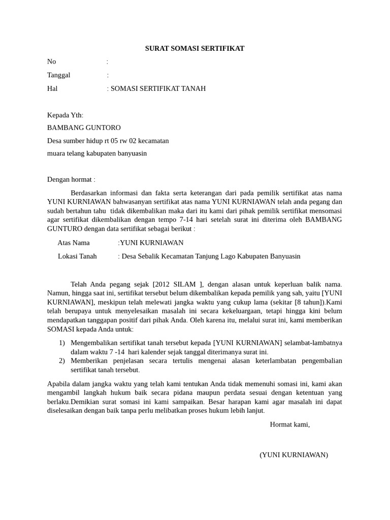 Surat Somasi Sertifikat | PDF