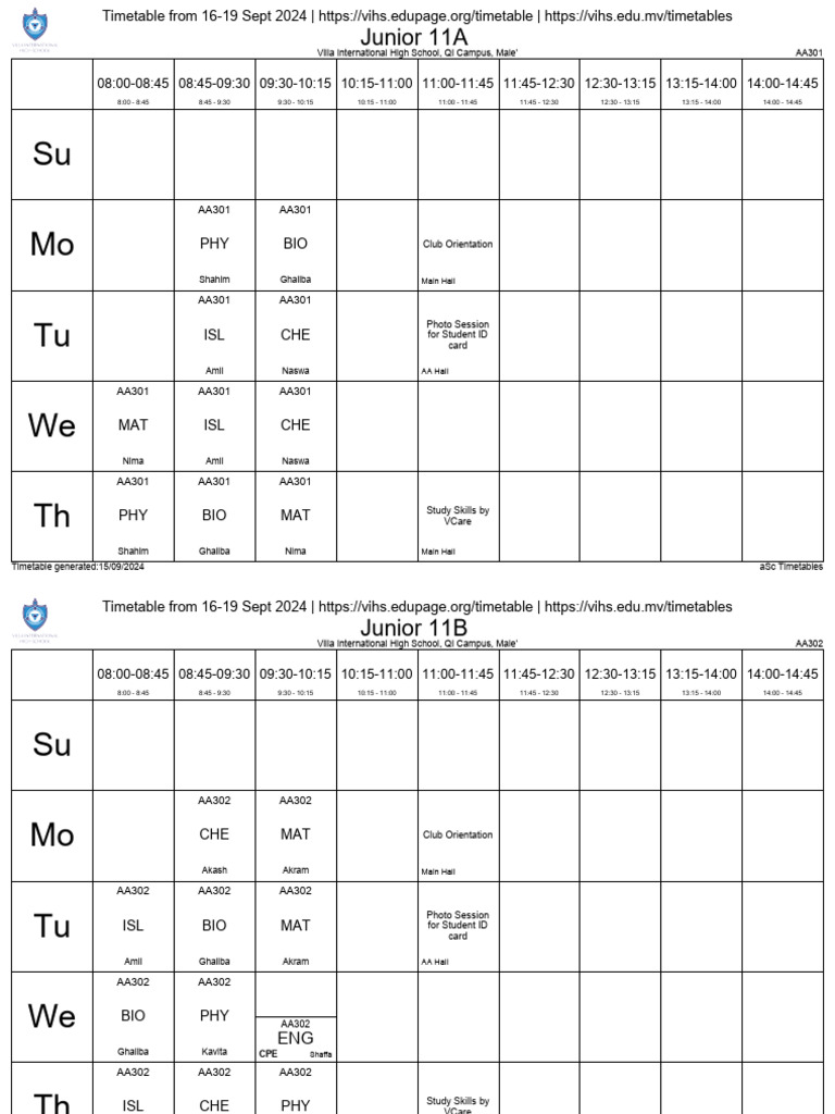 Timetable From 16 Sept 2024 - Classes | PDF