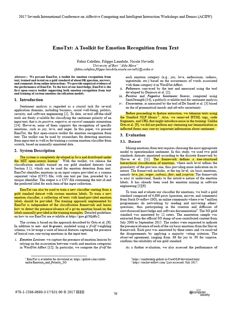 EmoTxt A Toolkit For Emotion Recognition From Text | PDF | Support Vector Machine | Statistical ...