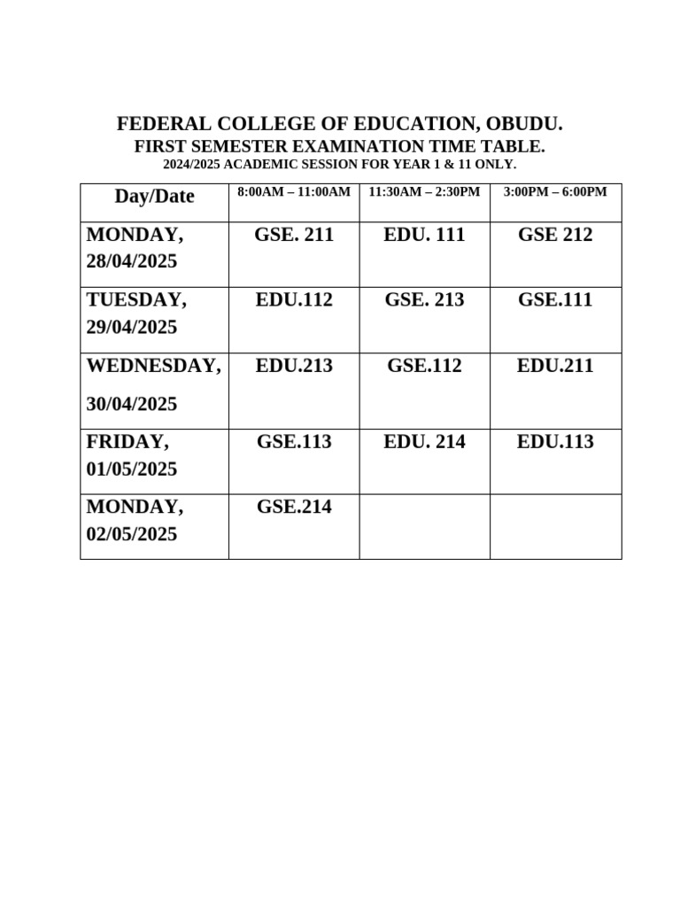 2025 First Semester Nce Exams Time Table-1 | PDF