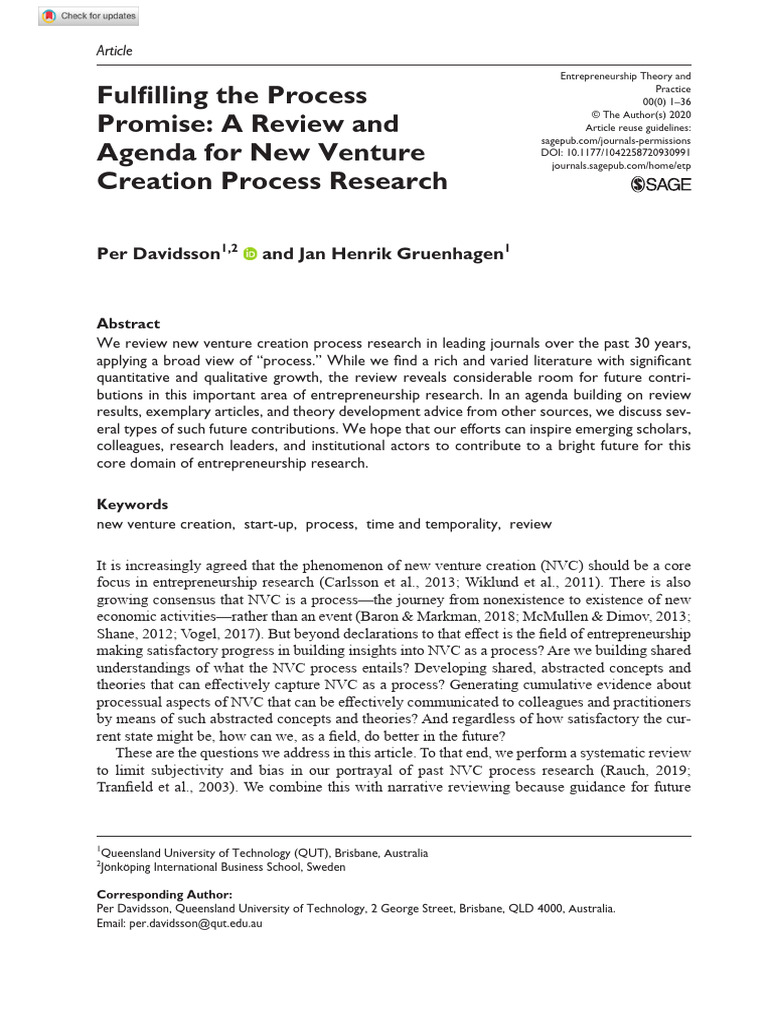 Fulfilling The Process Promise: A Review and Agenda For New Venture ...