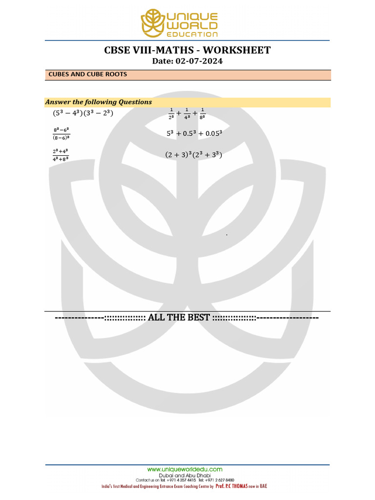 8 TH Cubes and Cube Roots Worksheet | PDF