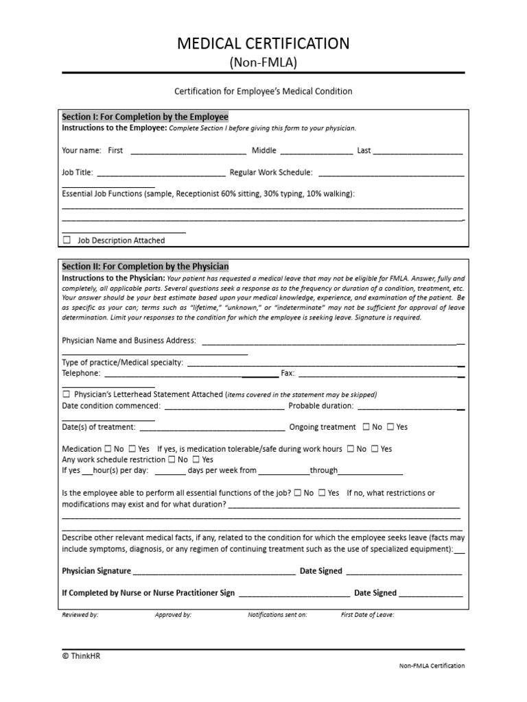 Non-FMLA Medical Certification Form | PDF | Physician | Medical Diagnosis