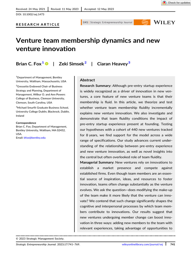 Strategic Entrepreneurship - 2023 - Fox - Venture Team Membership ...