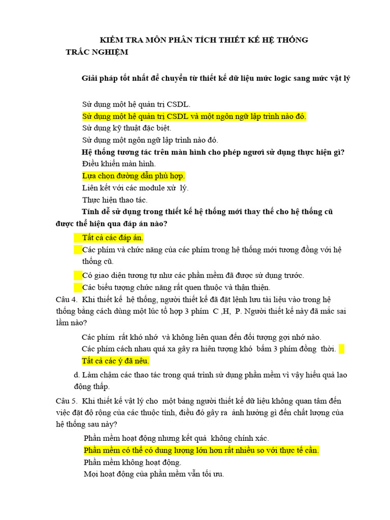 Cau Hoi Kiem Tra Trac Nghiem Mon Phan Tich Thiet Ke He Thong Truong Da 133813 | PDF