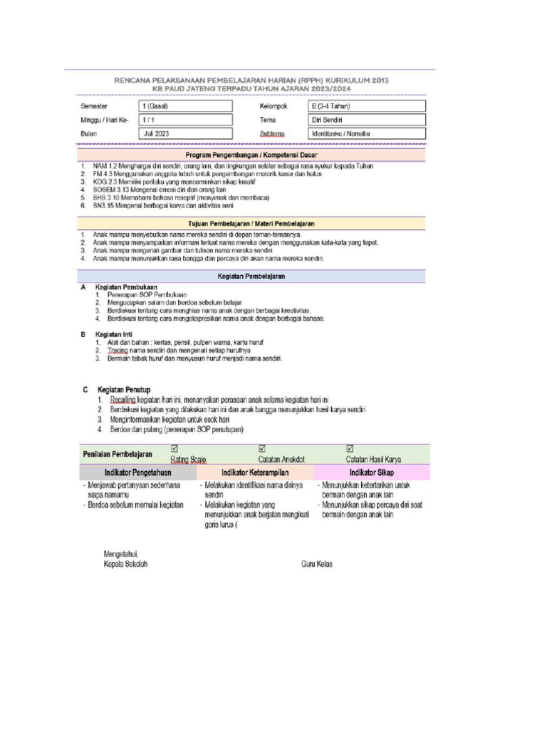 Contoh RPPH Paud | PDF