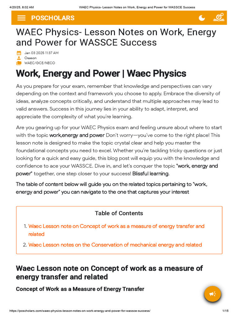 WAEC Physics - Lesson Notes On Work, Energy and Power For WASSCE ...