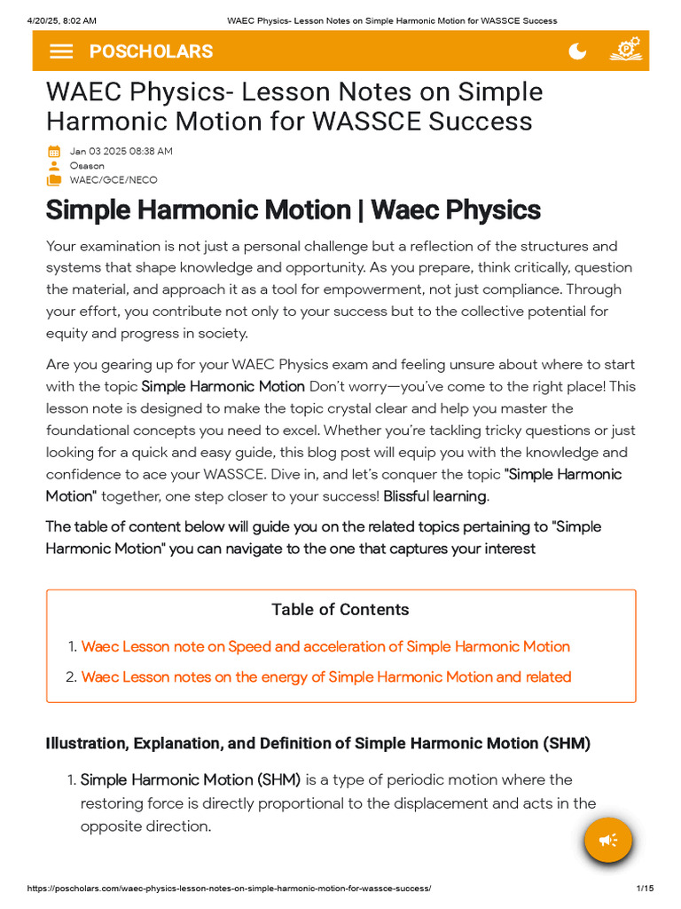 WAEC Physics - Lesson Notes On Simple Harmonic Motion For WASSCE ...