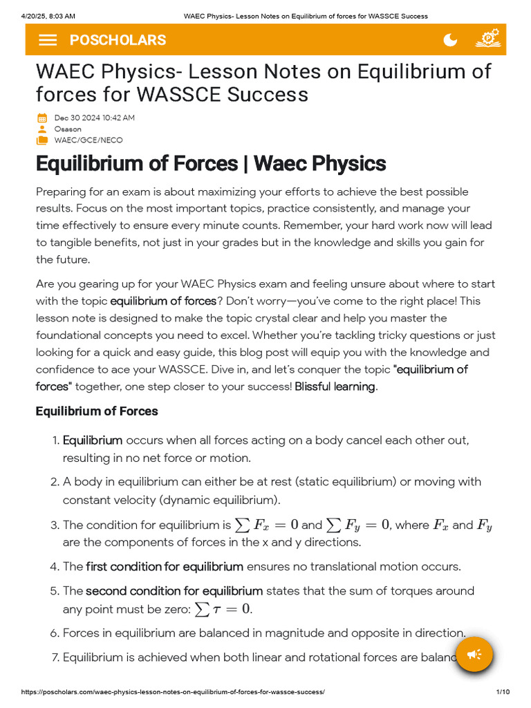 WAEC Physics- Lesson Notes on Equilibrium of forces for WASSCE Success ...