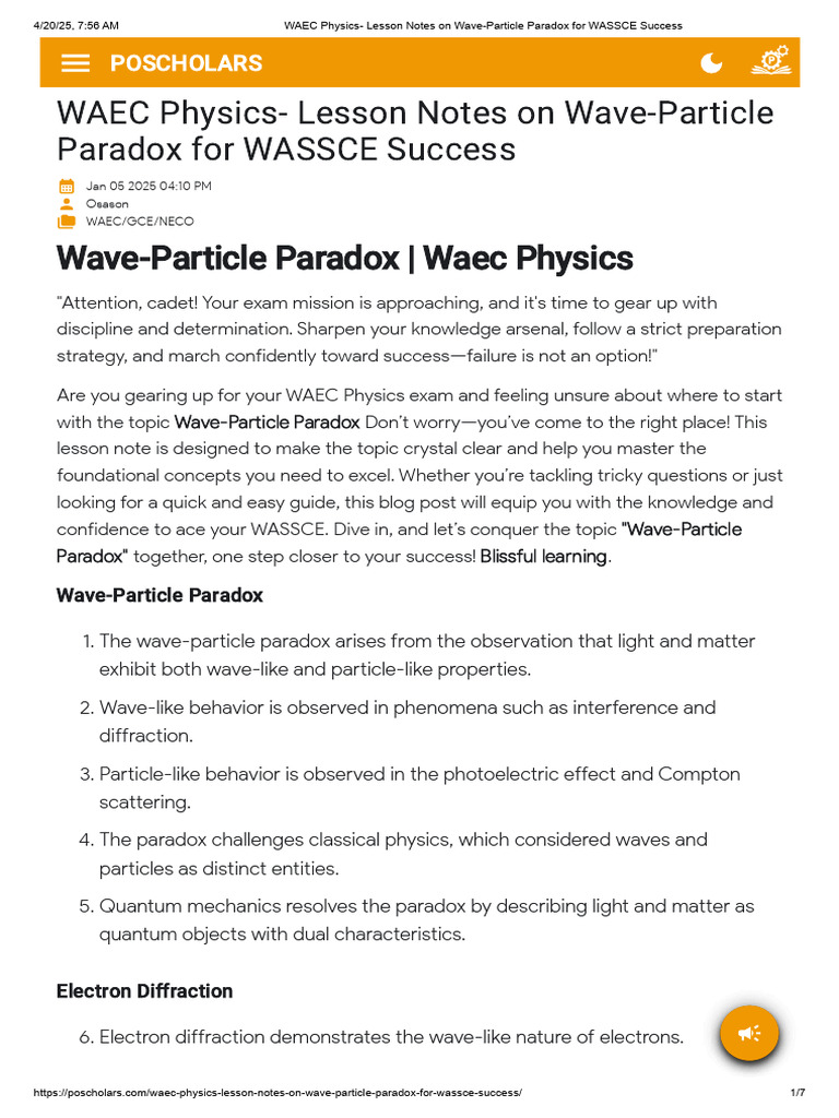 WAEC Physics- Lesson Notes on Wave-Particle Paradox for WASSCE Success ...