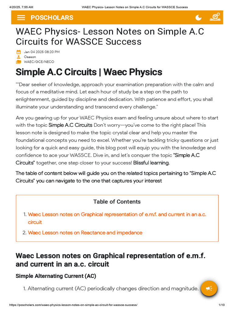 WAEC Physics - Lesson Notes On Simple A.C Circuits For WASSCE Success ...