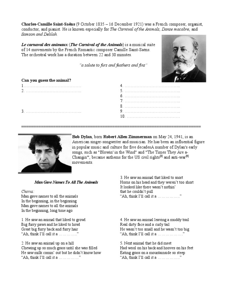 Animals (Sain Saens and Dylan) | PDF