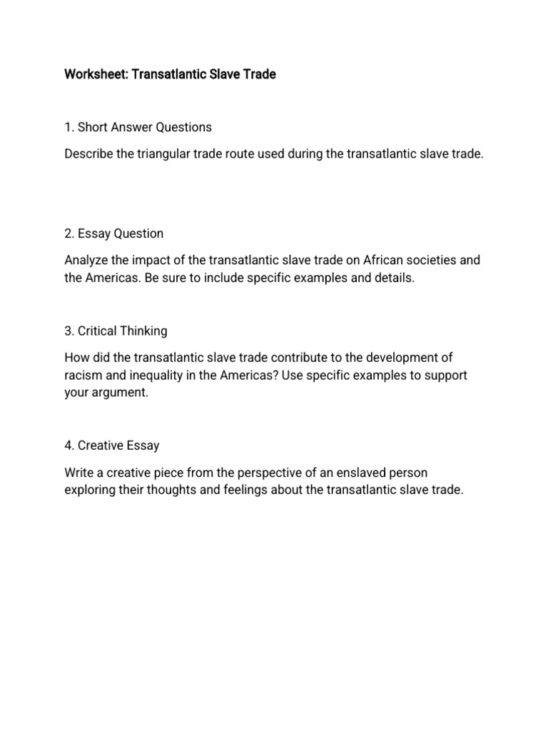 W2 Y9 Worksheet Transatlantic Slave Trade | PDF
