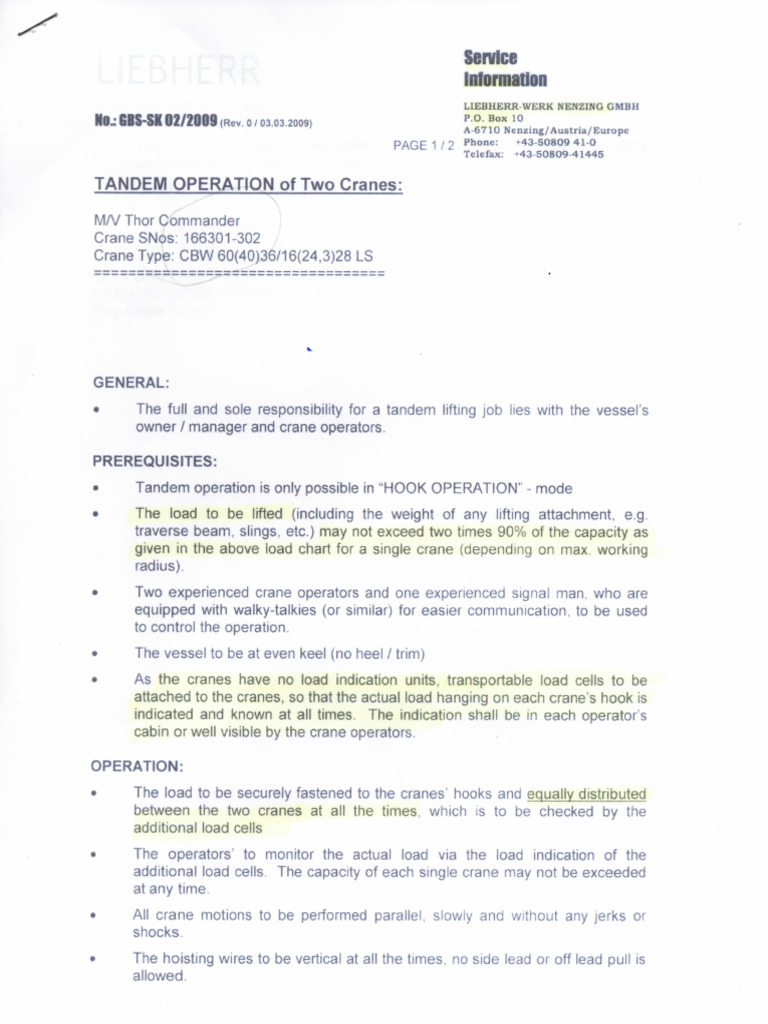 LIEBHER Cranes Tandem Operation | PDF