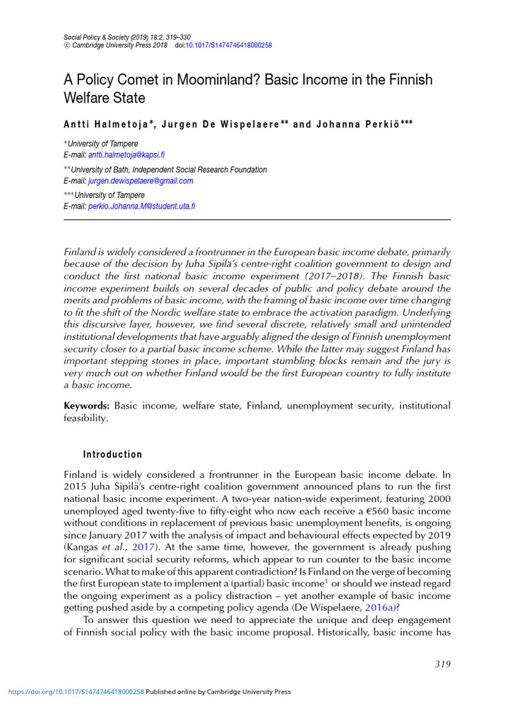 A Policy Comet in Moominland? Basic Income in The Finnish Welfare State ...