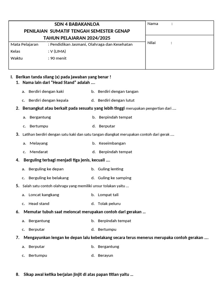 Soal PTS 2 PJOK Kelas 5 K13 | PDF