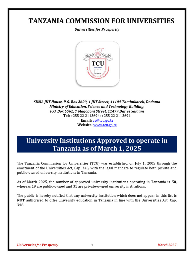 List of University Institutions in Tanzania As of March 01-2025 | PDF ...