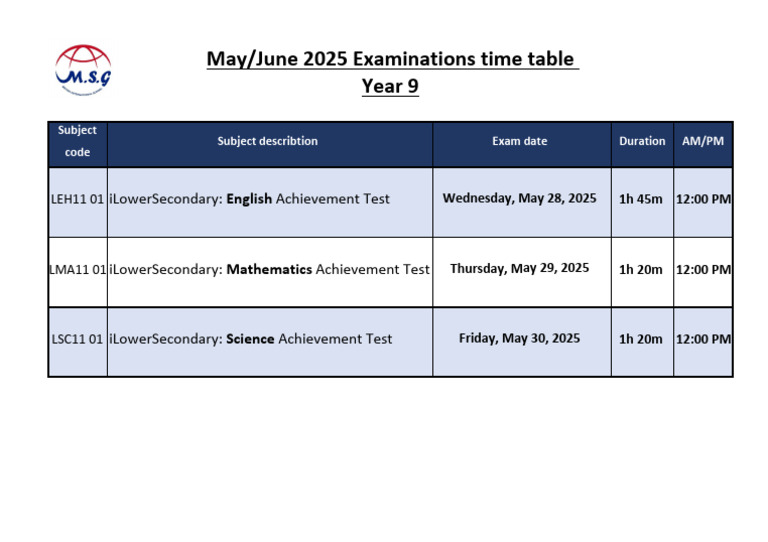 Grade 9 Exam Timetable May/June 2025 | PDF