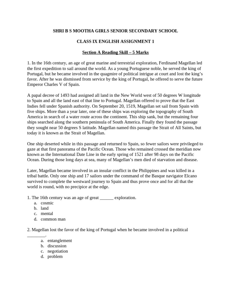 Class IX English Assignment on Magellan | PDF | Pacific Ocean | Exploration