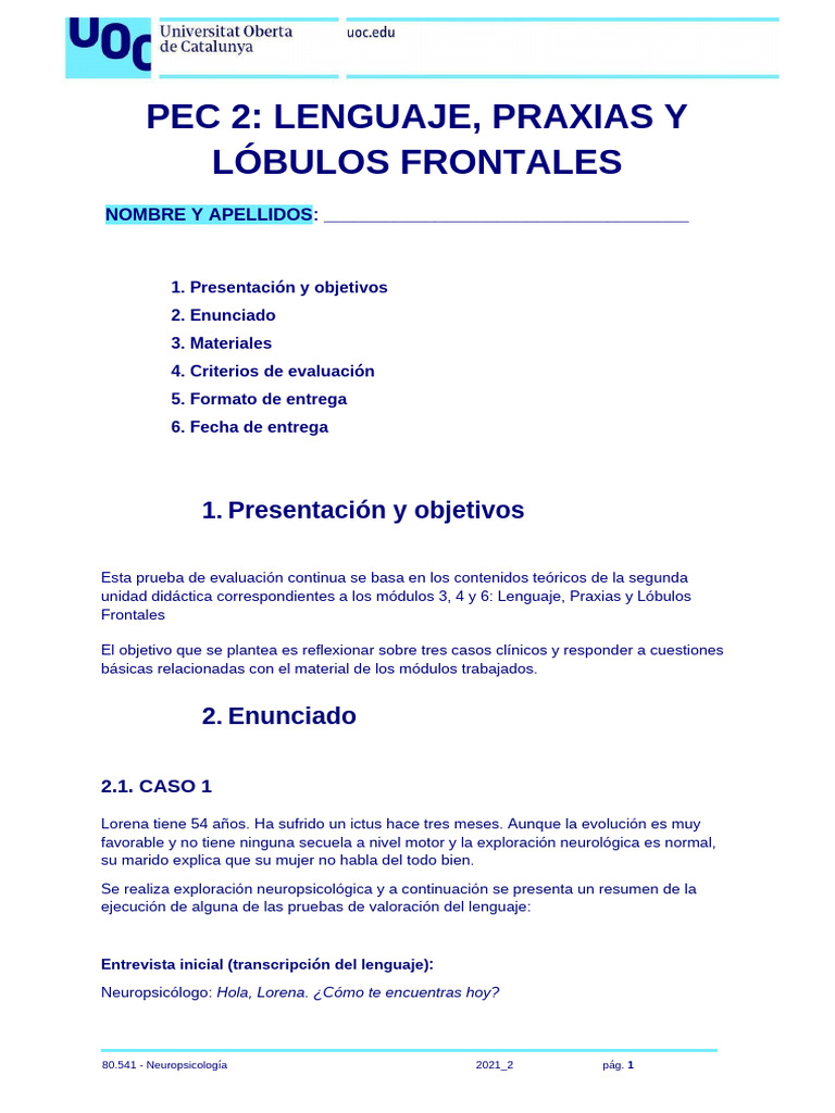 80.541 - 20212 - Pec2 - Lenguaje, Praxias y Lobulos Frontales | PDF | Neuropsicología ...