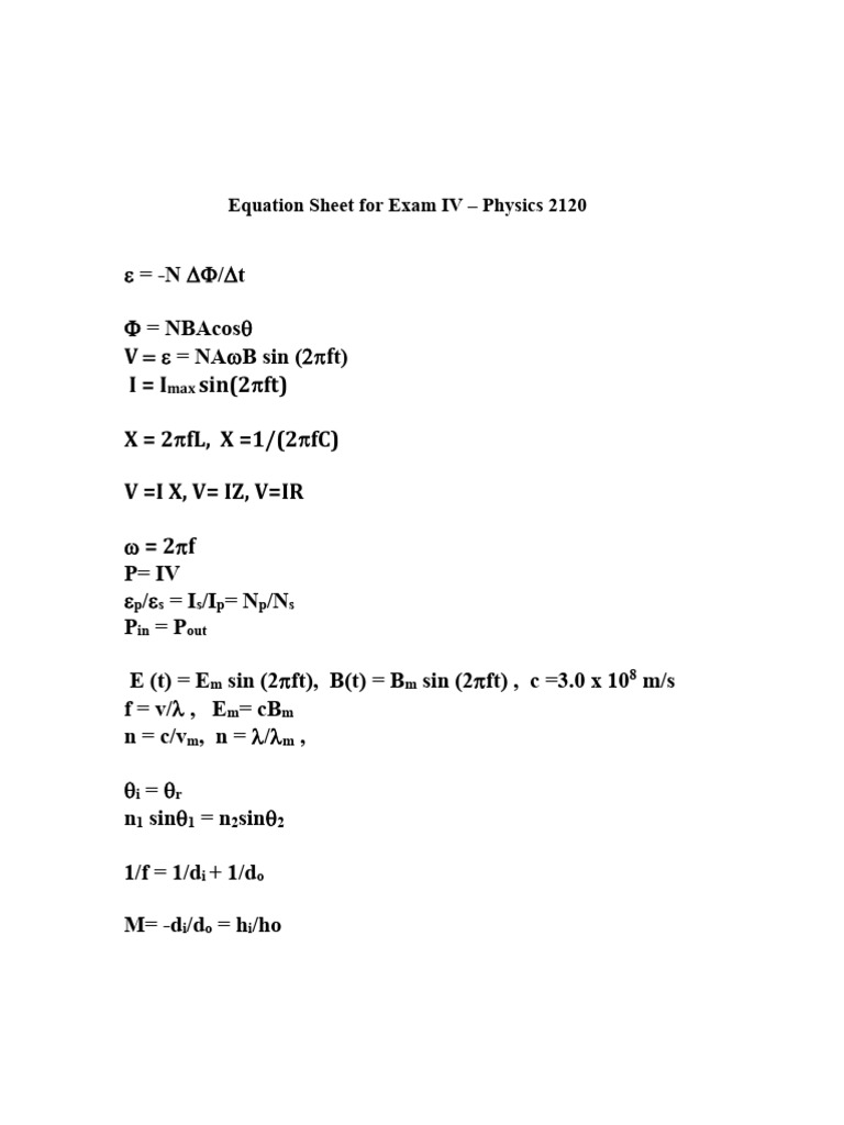 Sample Equation Sheet For Exam IV - Physics 2120 | PDF