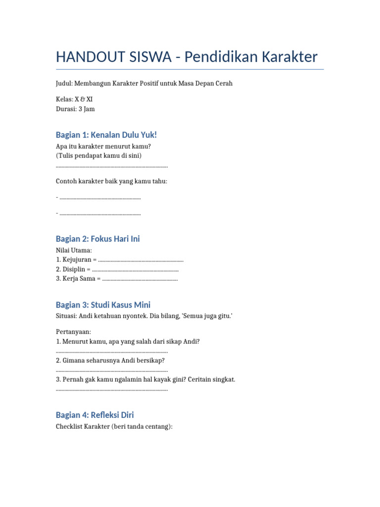 Handout Pendidikan Karakter | PDF
