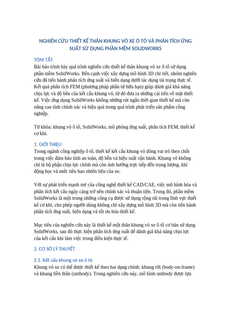 Bao Cao Thiet Ke Khung Vo Oto SolidWorks | PDF
