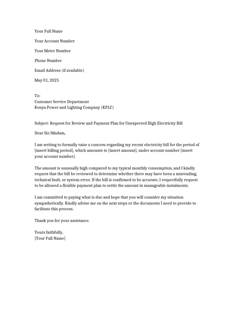 KPLC Bill Dispute Request Letter | PDF