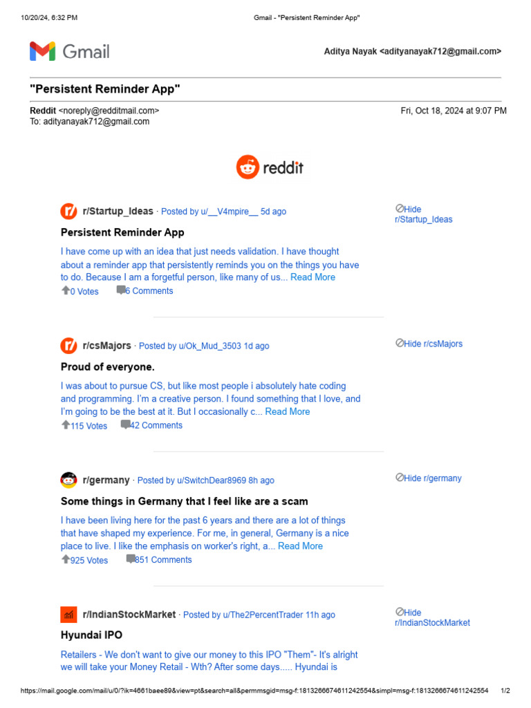 Gmail - _Persistent Reminder App_ | PDF | Gmail | Internet Protocol Based Network Software