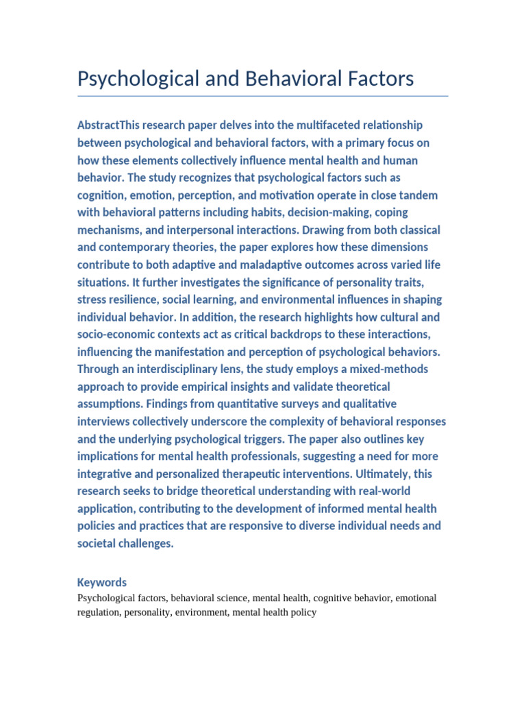 Psychological and Behavioral Factors Updated | PDF | Psychology | Mental Health