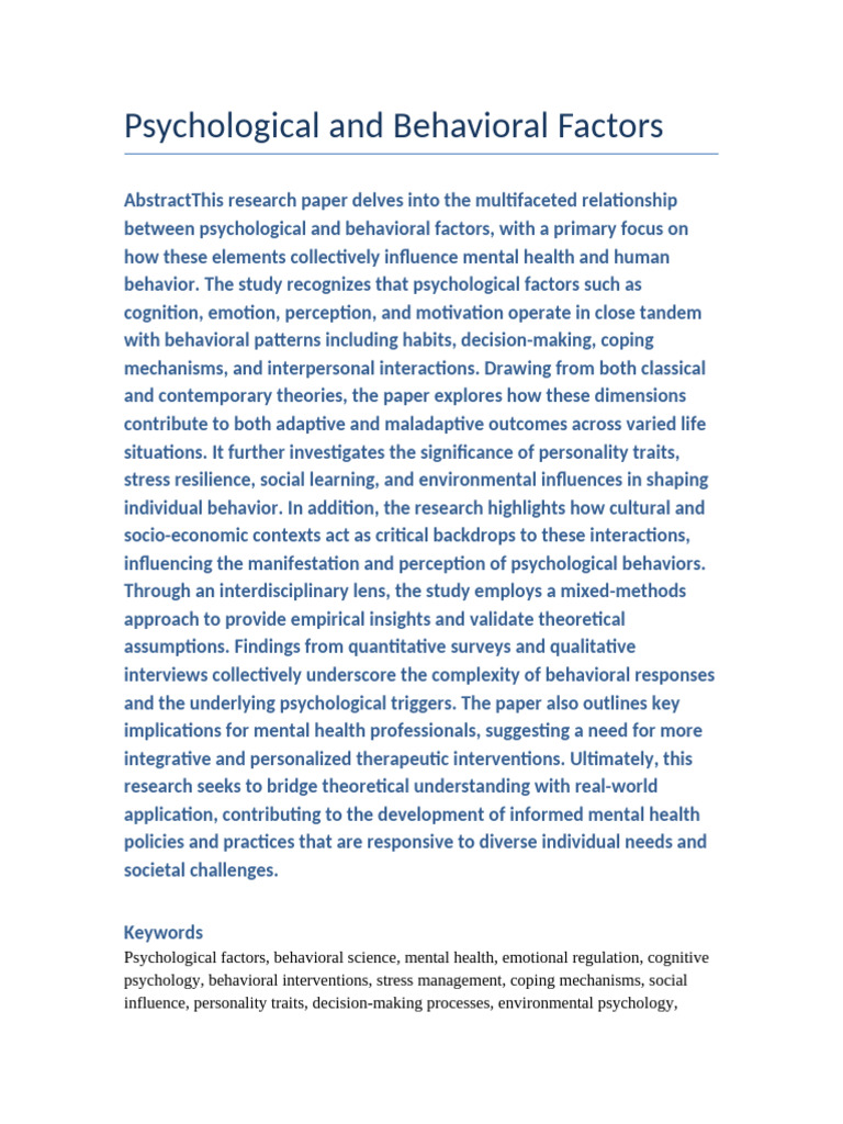 Psychological and Behavioral Factors Final | PDF | Psychology | Mental ...