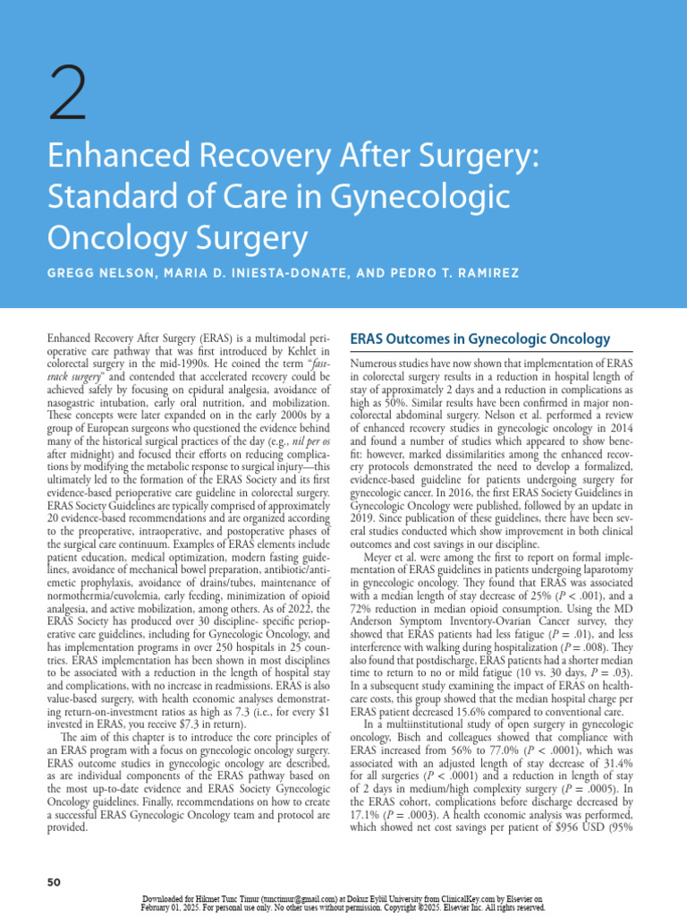 Enhanced Recovery After Surgery: Standard of Care in Gynecologic ...