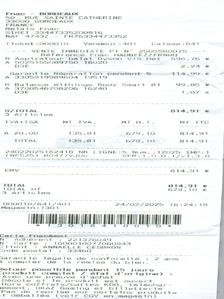 Facture Fnac Dyson + Withings | PDF