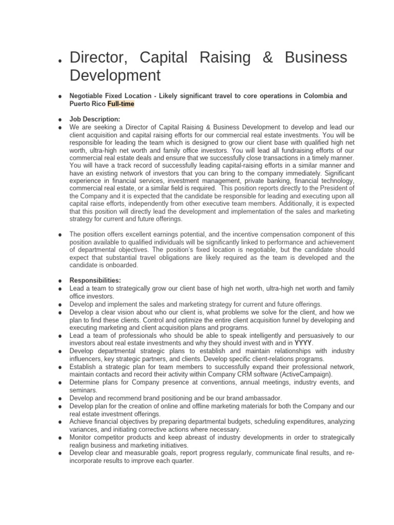 Director Capital Raising Business Development | PDF | Marketing ...