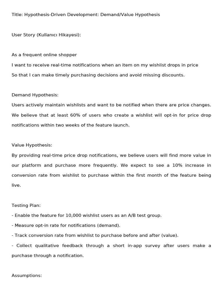 Demand Value Hypothesis User Story | PDF