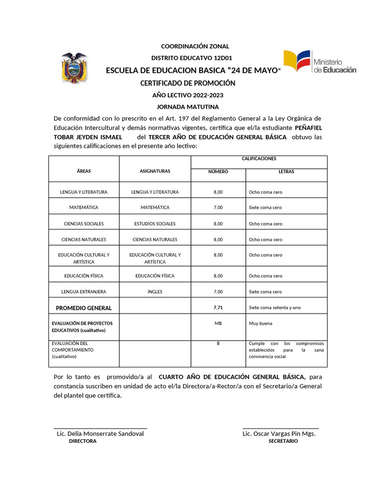 Certificados de Promoción Escolar 2023 | PDF | Educación primaria ...