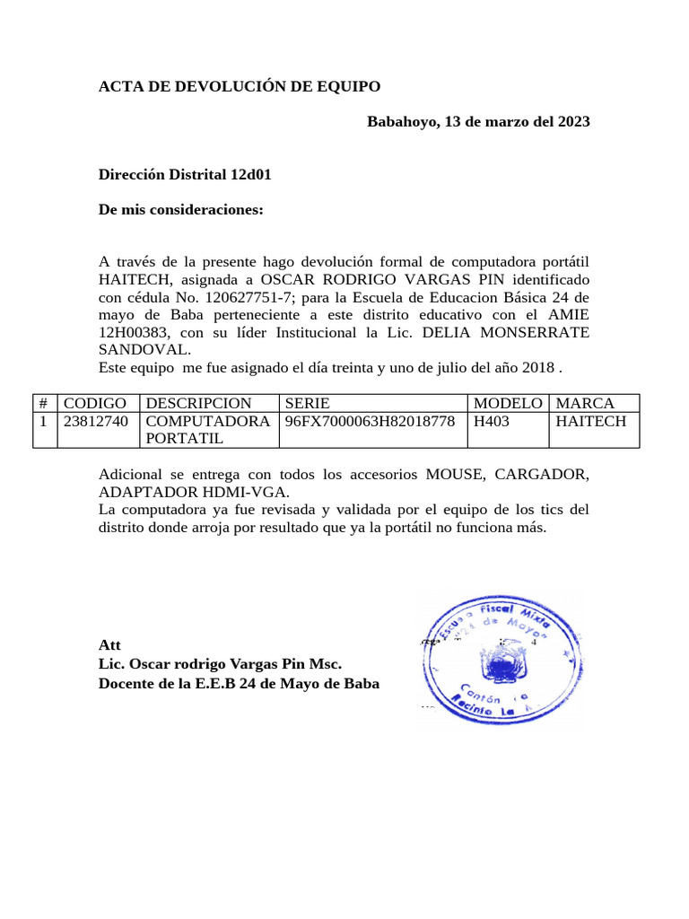ACTA DE DEVOLUCIÓN DE EQUIPO | PDF