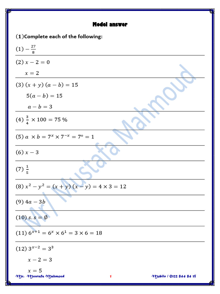 Model Answer (Final Revision) (Algebra) | PDF