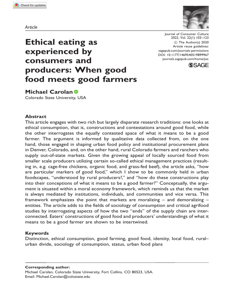Carolan 2020 Ethical Eating As Experienced by Consumers and Producers ...