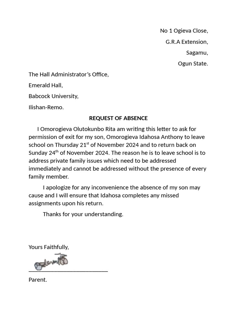 Request for Student Leave at Babcock | PDF