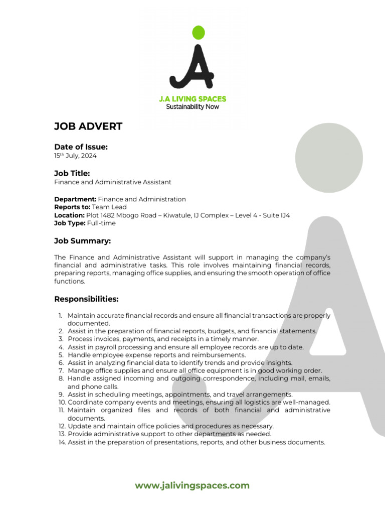 Job Advert 01 - JALS - Finance & Administrative Assistant | PDF | Quick ...