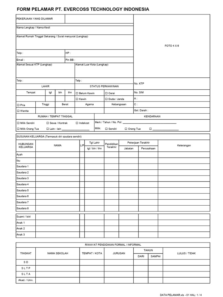 Formulir Lamaran Kerja Evercoss | PDF