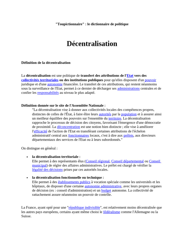 Définition et enjeux de la décentralisation | PDF | Décentralisation ...